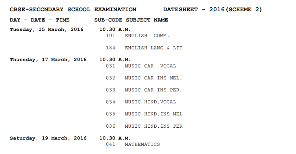 CBSE class 10 Exam Time Table 2016 - Madhurie Singh