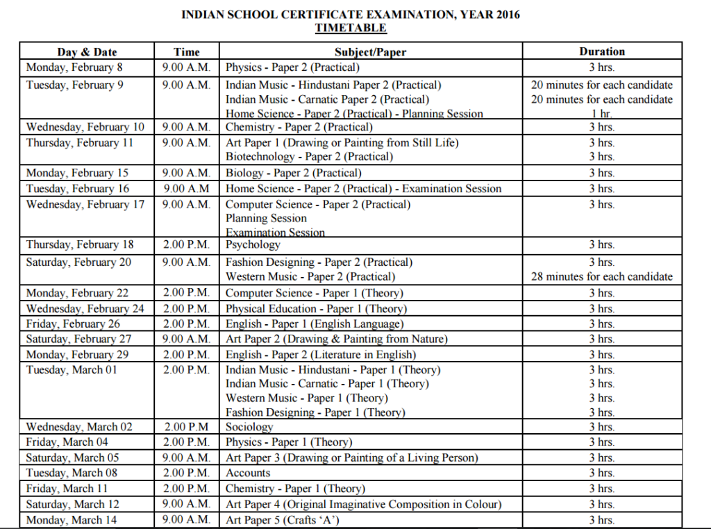 ISC Exam Time Table 2016 - Madhurie Singh